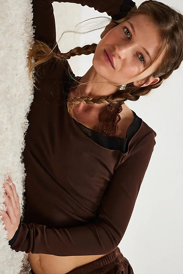 Free People Sheer Layered Long Sleeve Top In Brown Combo - 58% Off